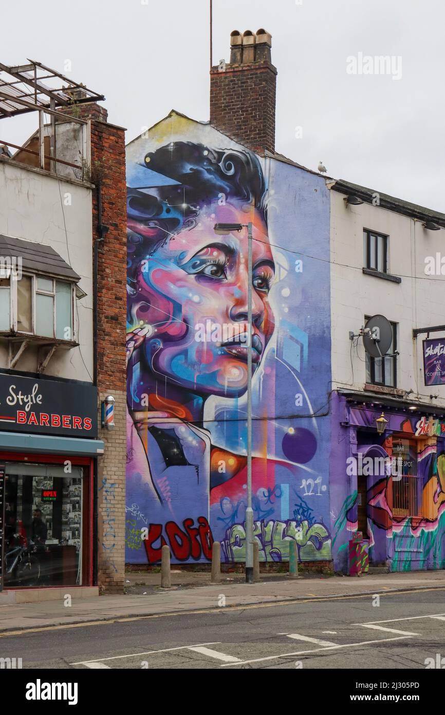 Large mural of a colourful women on the side of a building, Liverpool ...