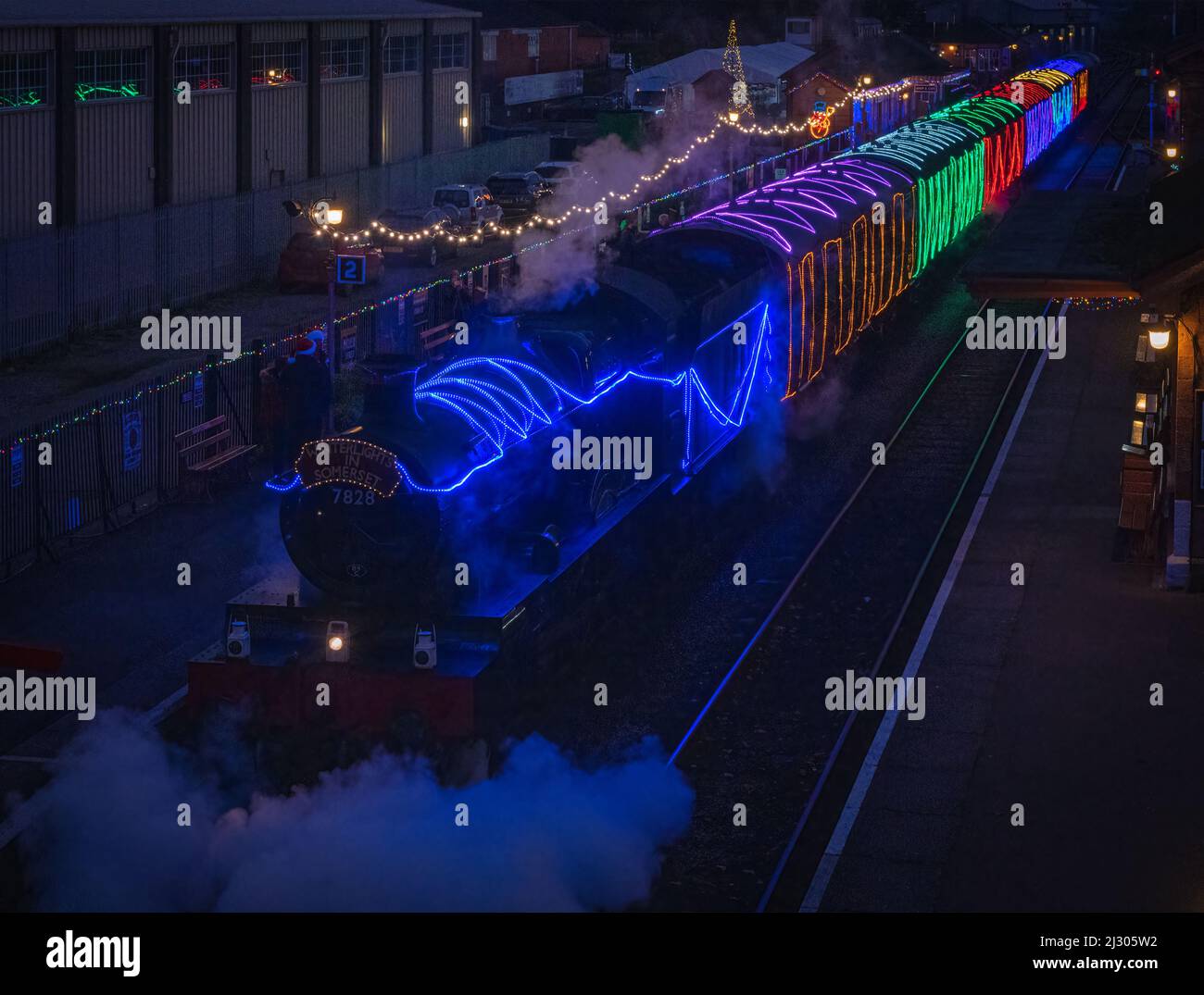 Locomotive 7828 Odney Manor pulling the illuminated 'Winter Lights' Christmas special passenger ...