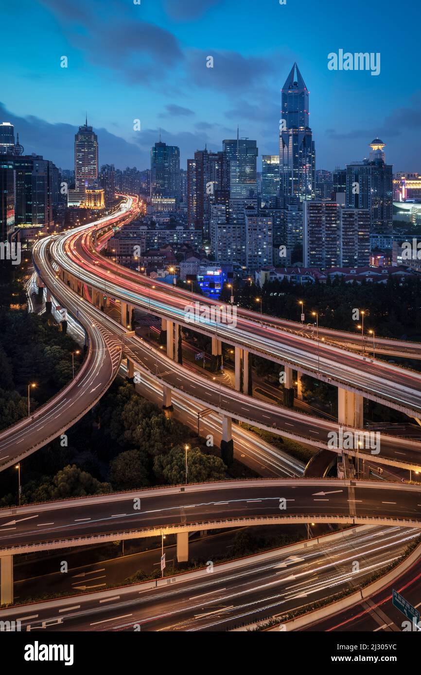 famous Yan An intersection in Shanghai, long exposure at night, People ...