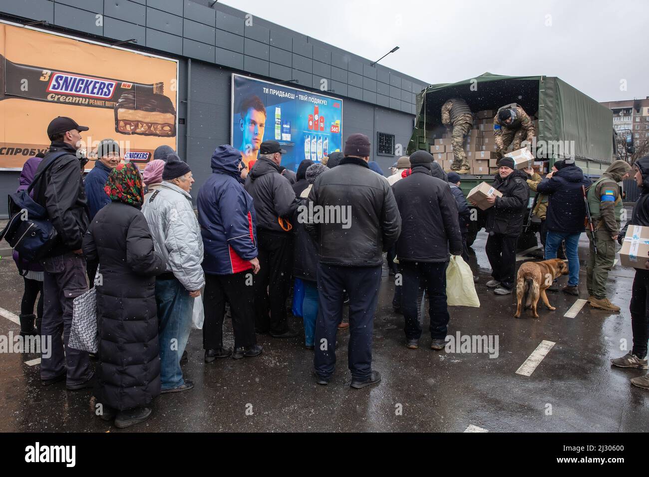 BUCHA, UKRAINE - Apr. 03, 2022: Kyiv Territorial Defense distributes ...