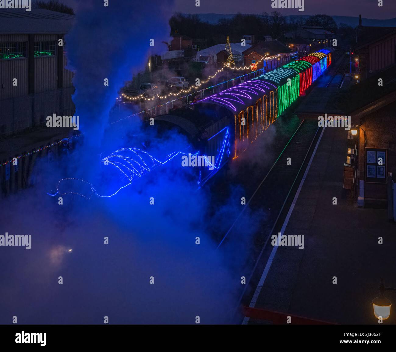Locomotive 7828 Odney Manor pulling the illuminated 'Winter Lights' Christmas special passenger ...