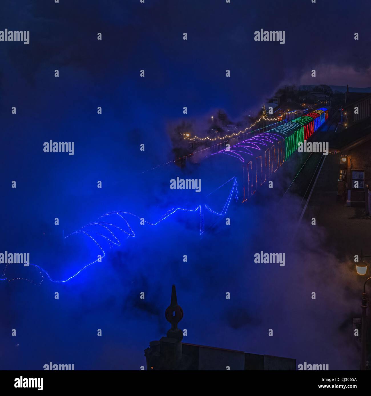 Locomotive 7828 Odney Manor pulling the illuminated 'Winter Lights' Christmas special passenger ...