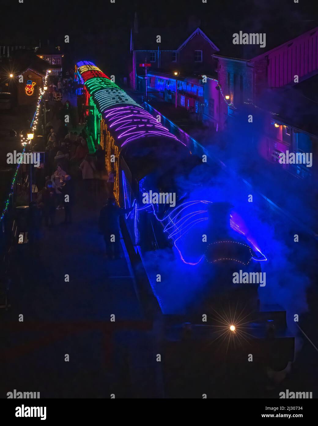 Locomotive 7828 Odney Manor pulling the illuminated 'Winter Lights' Christmas special passenger ...