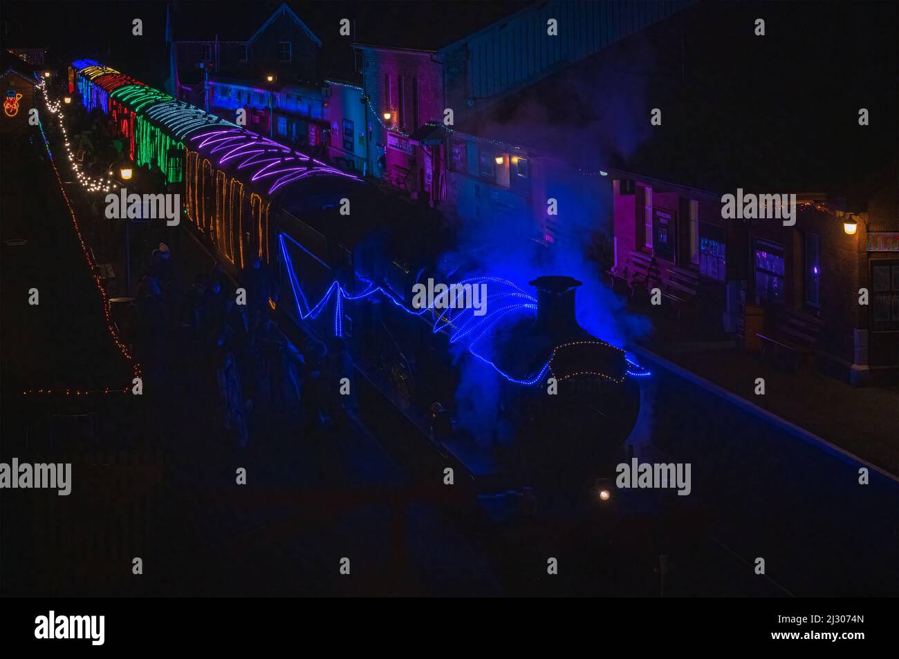 Locomotive 7828 Odney Manor pulling the illuminated 'Winter Lights' Christmas special passenger ...