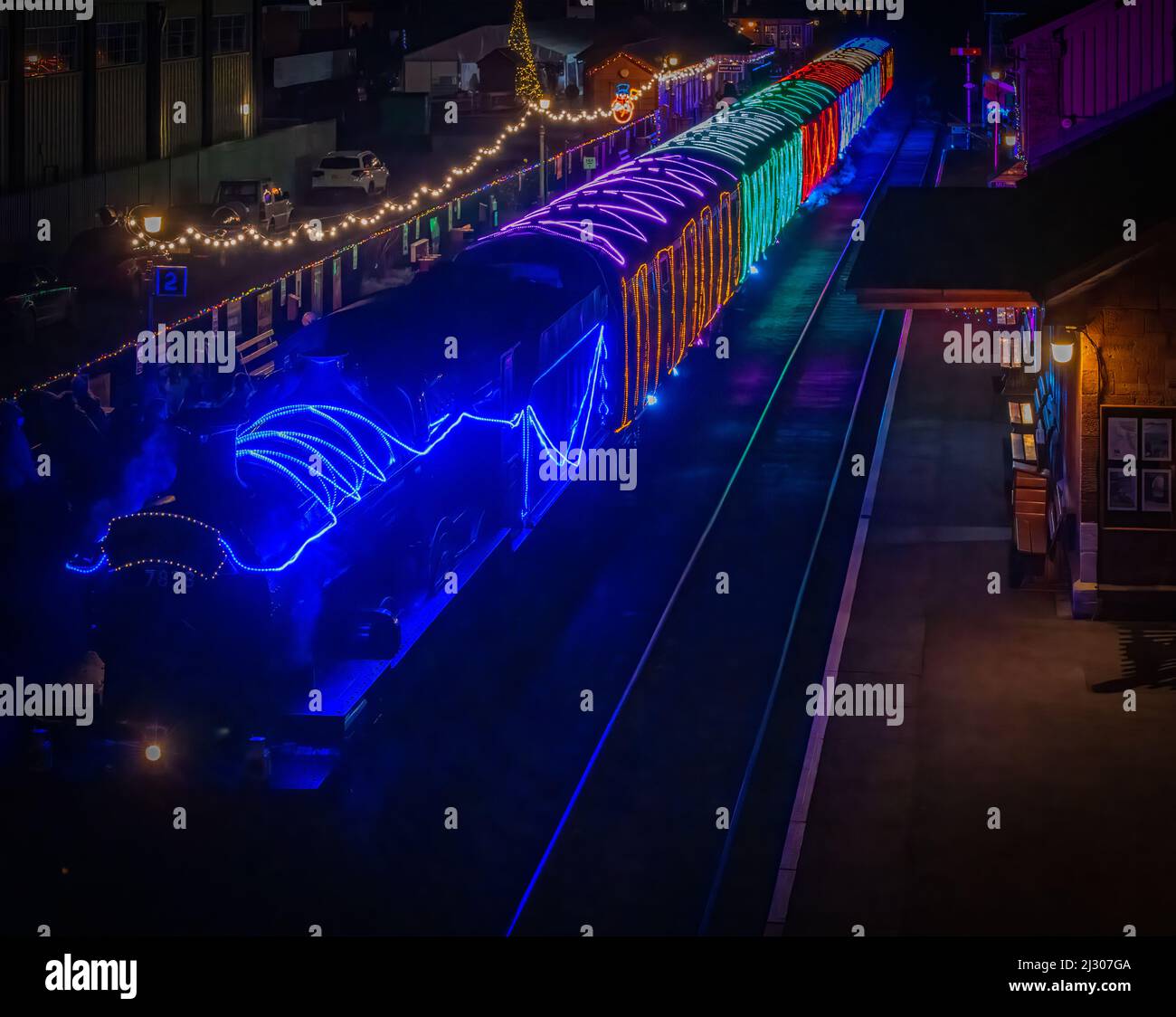 Locomotive 7828 Odney Manor pulling the illuminated 'Winter Lights' Christmas special passenger ...