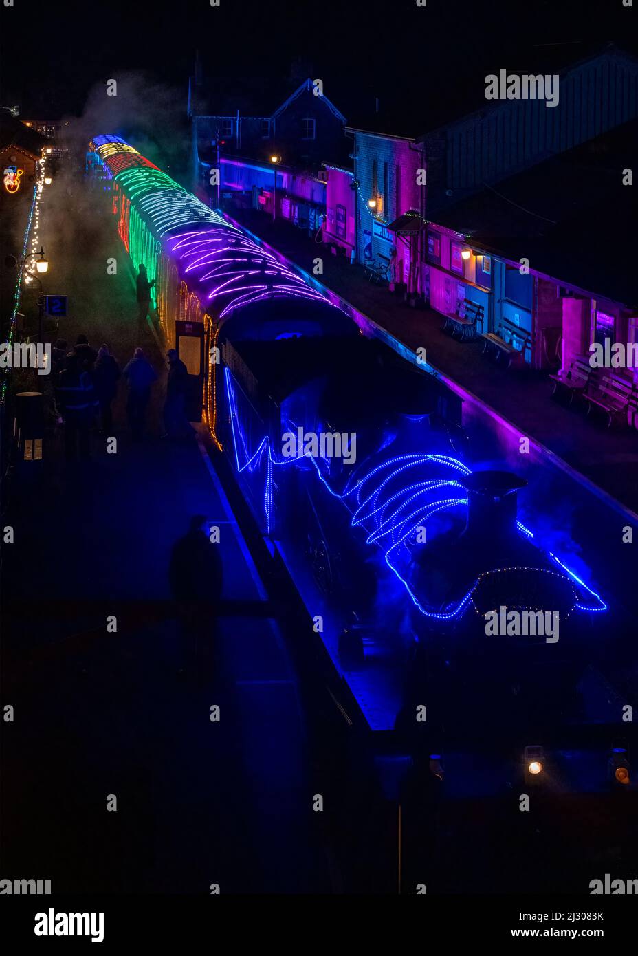 Locomotive 7828 Odney Manor pulling the illuminated 'Winter Lights' Christmas special passenger ...