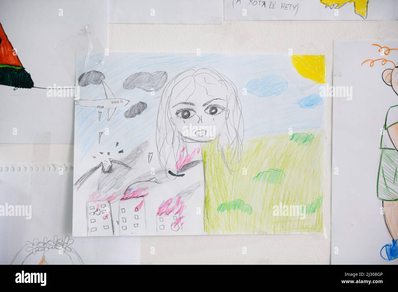 Dnipro, Ukraine - April 04, 2022: Children's drawing about the war in ...