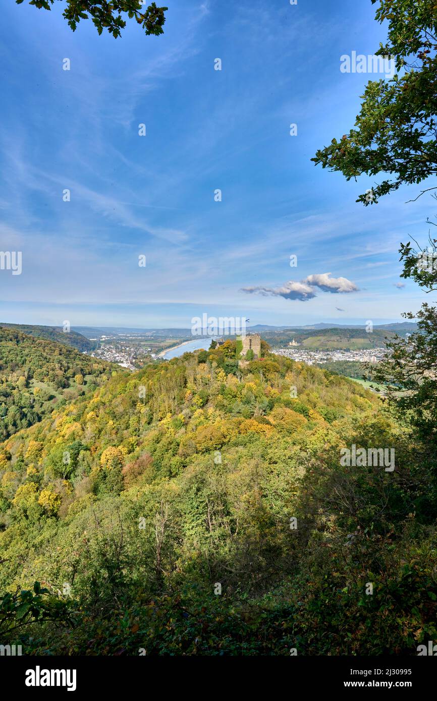 View of Rheineck Castle, the Rhine Valley and the Siebengebirge, Bad ...