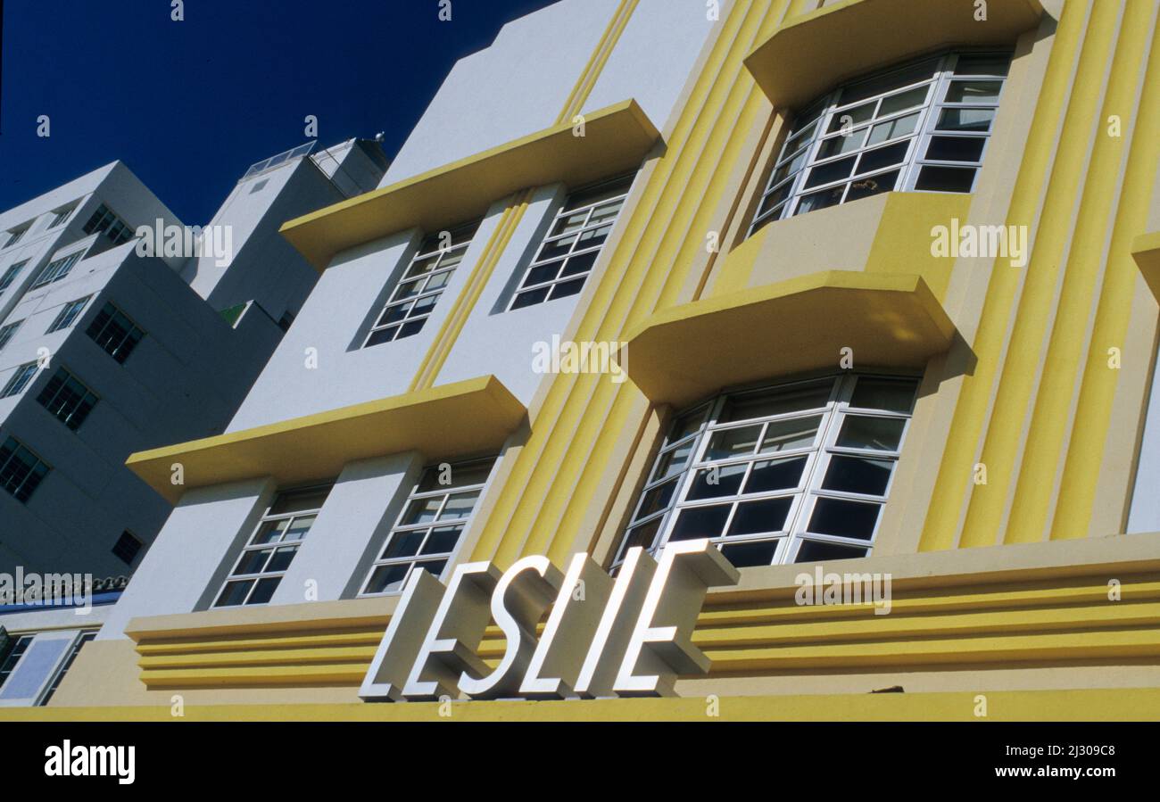 The famous yellow art deco front of the historic Leslie Hotel at Ocean ...