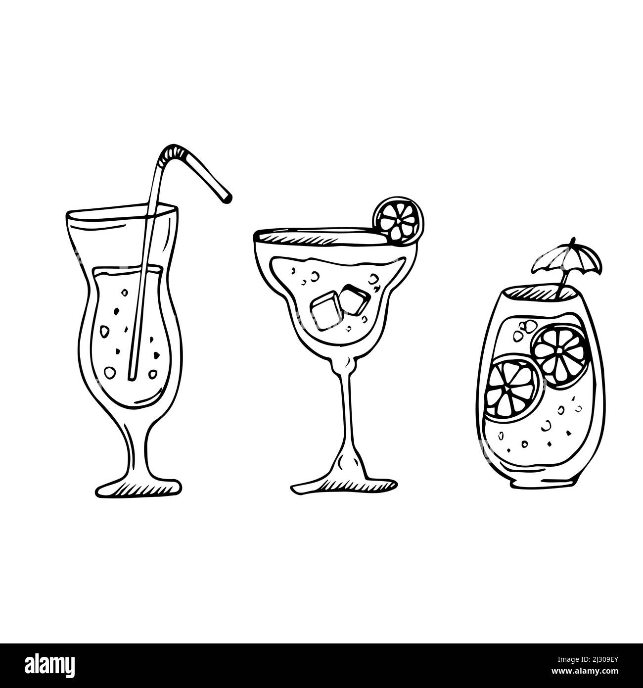 Vector doodle set of cocktails and alcohol drinks. line tropical ...