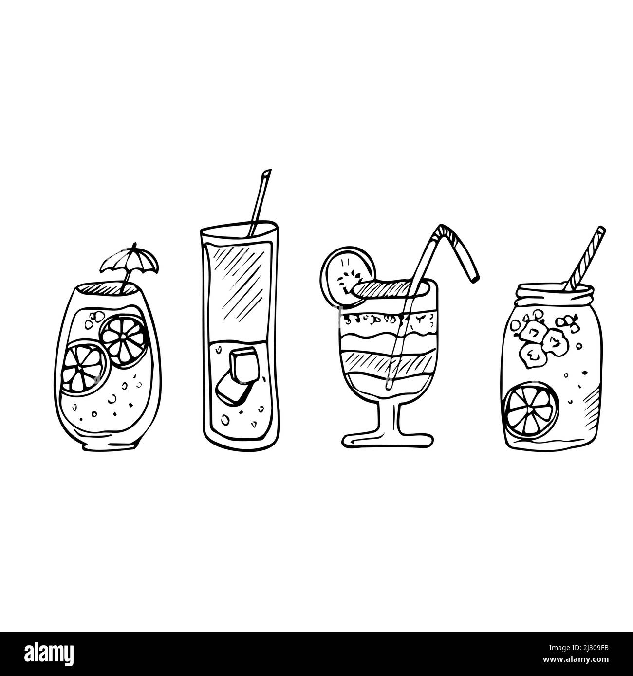Vector doodle set of cocktails and alcohol drinks. line tropical ...