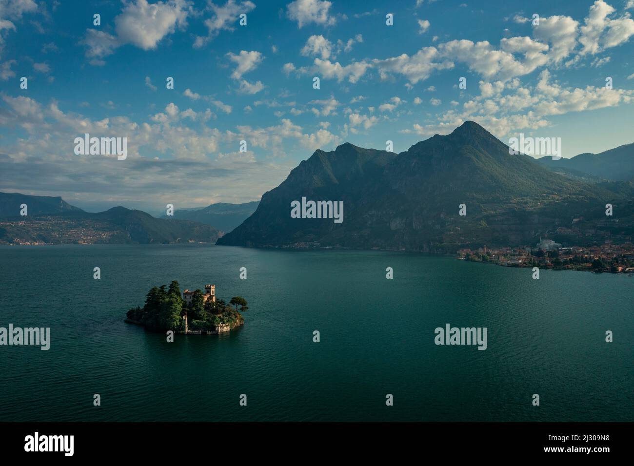 Castle Castello della Isola di Loreto on island in Lake Iseo from above ...