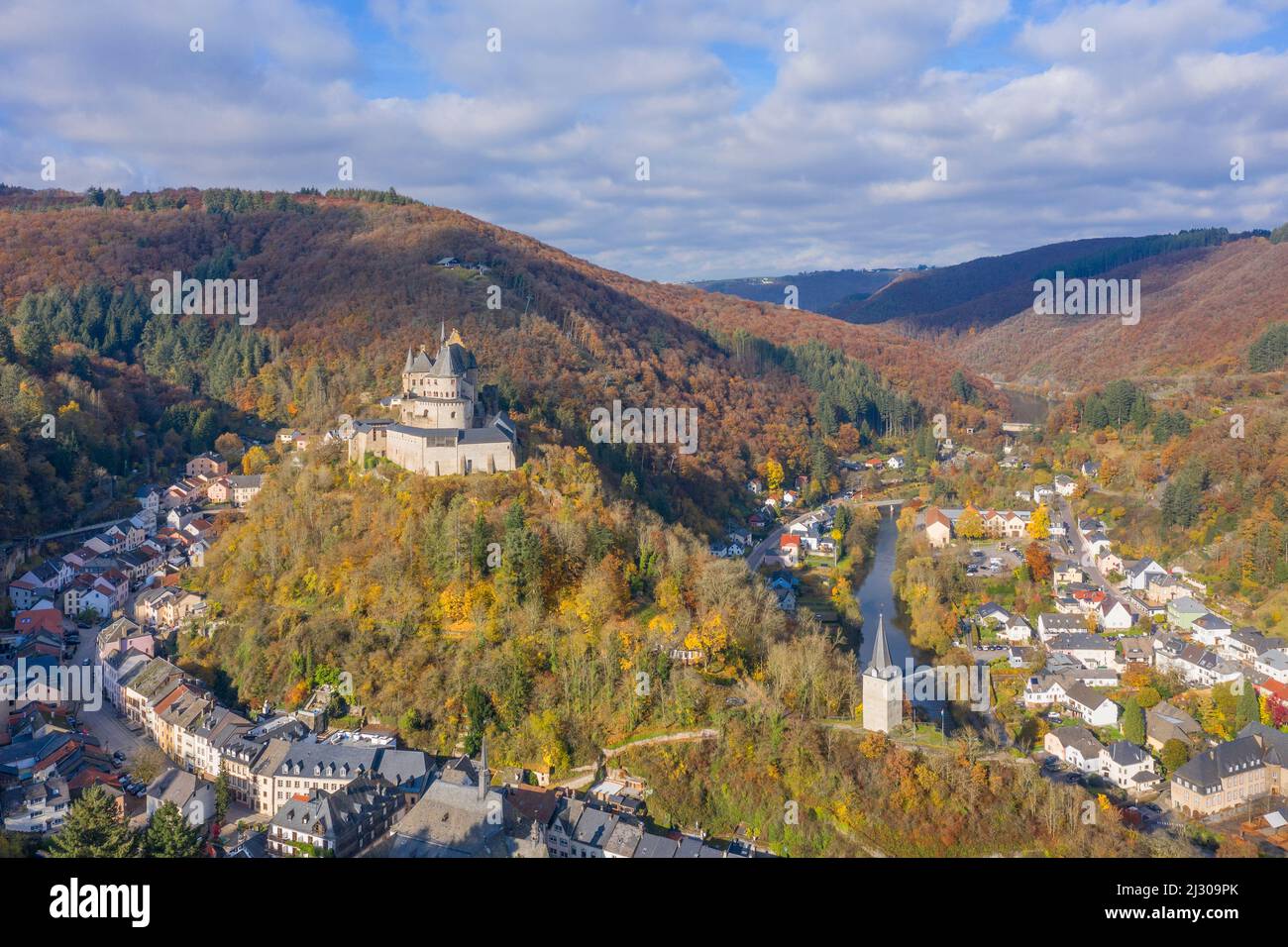 Aerial view of Vianden with castle, Vianden canton, Grand Duchy of ...
