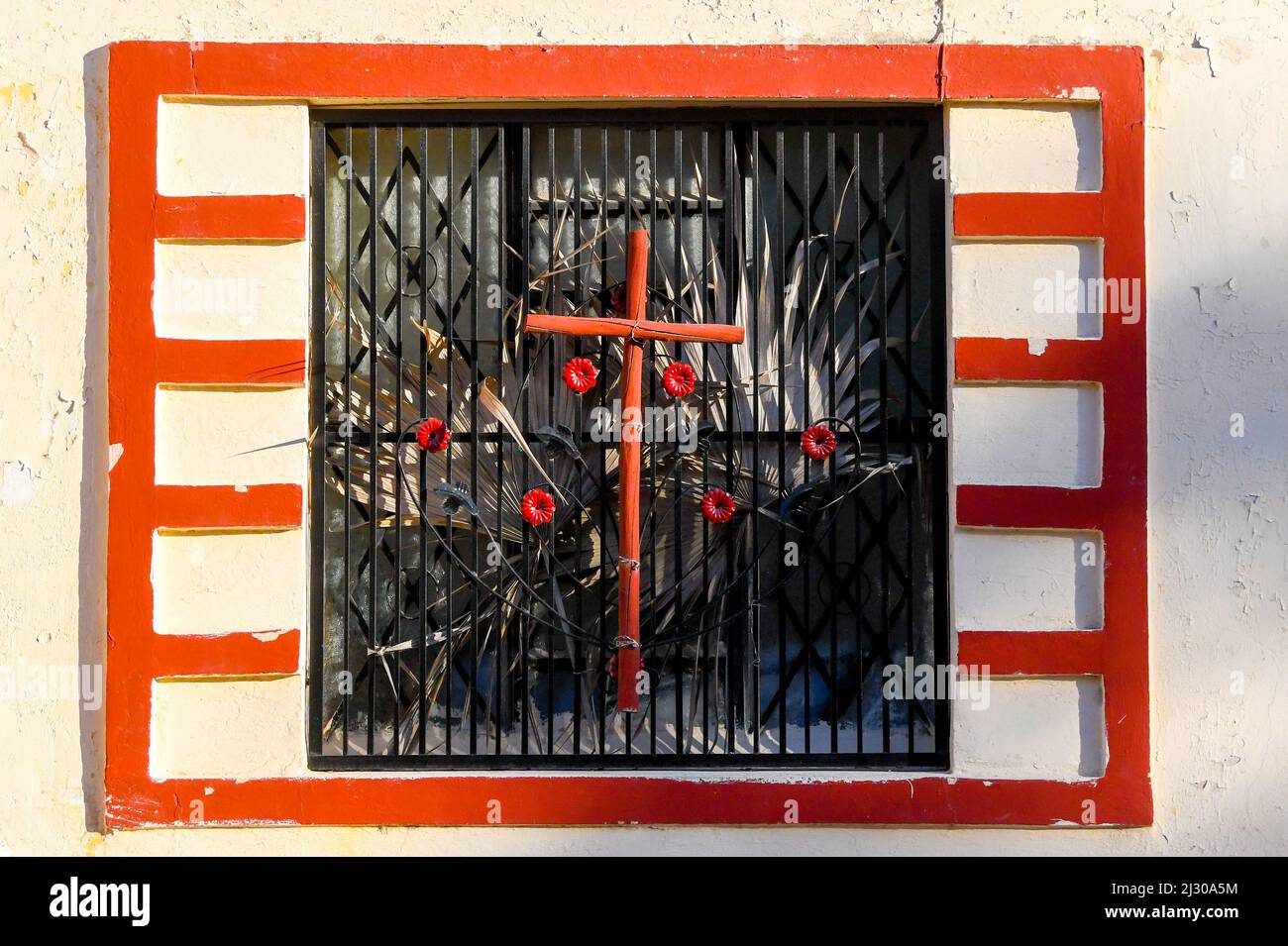 Catholic cross on a window of a house, Valladolid , Mexican Stock Photo ...