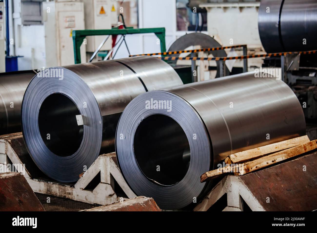 Rolls of galvanized steel sheet inside the factory or warehouse Stock ...