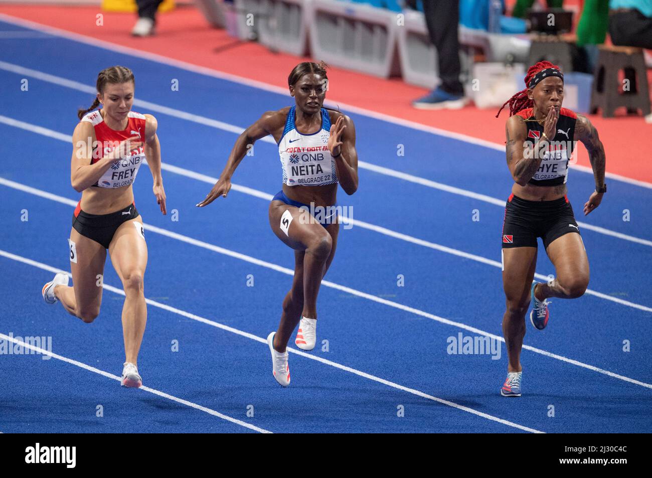 Géraldine Frey, Daryll Neita and Michelle-Lee Ahye competing in the ...