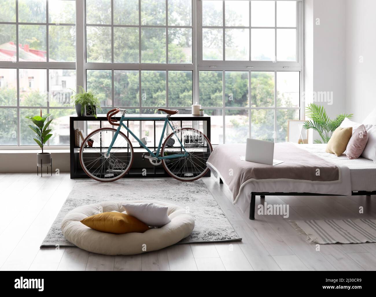 Interior of modern stylish bedroom with bicycle Stock Photo - Alamy