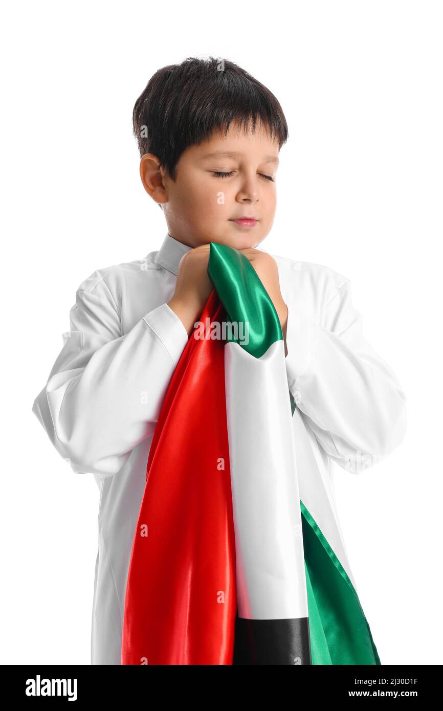 Cute little boy with national flag of UAE on white background Stock ...