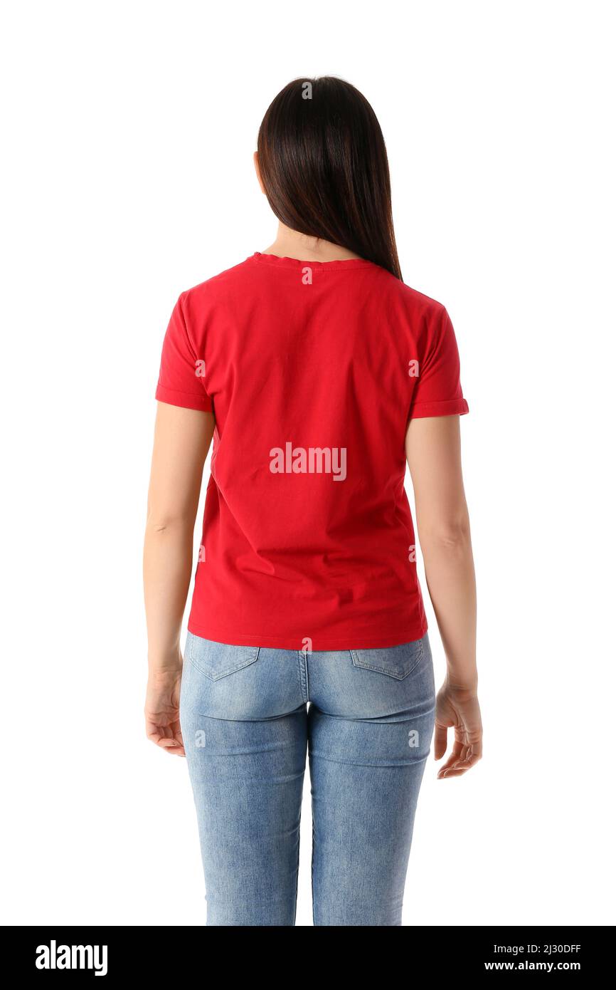 Young woman in red t-shirt on white background, back view Stock Photo ...