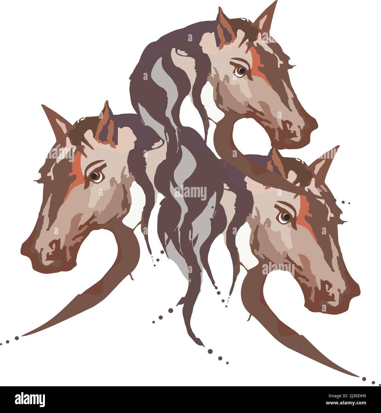 Three brown-gray horse heads on white for your creative ideas. Wavy ...