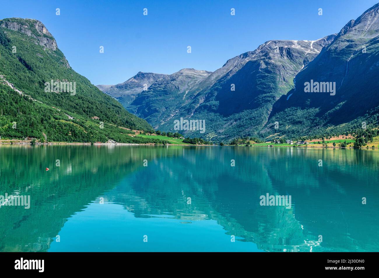 A beautiful landscape view of Lake Lovatnet in bright sunlight in Stryn ...