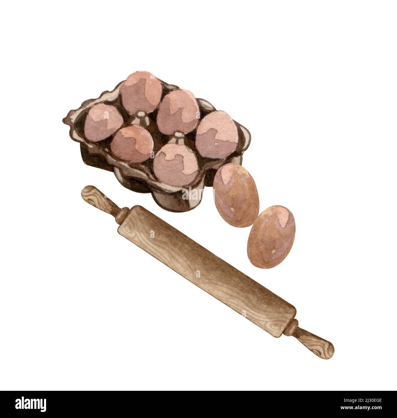 Baking watercolor illustration with rolling pin and eggs on white ...