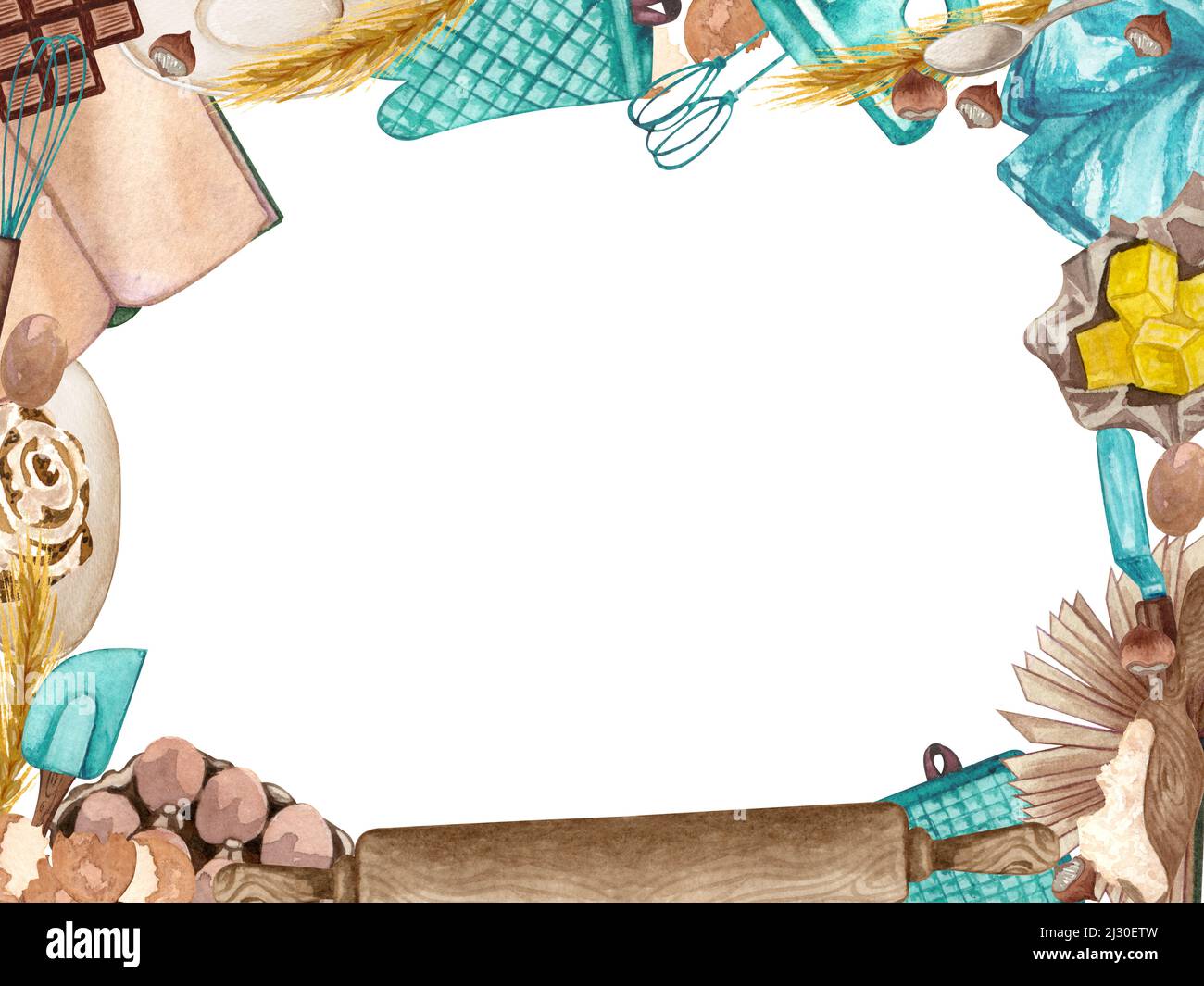 Baking square frame with kitchen utensils, jug, butter, whisk, mixer ...