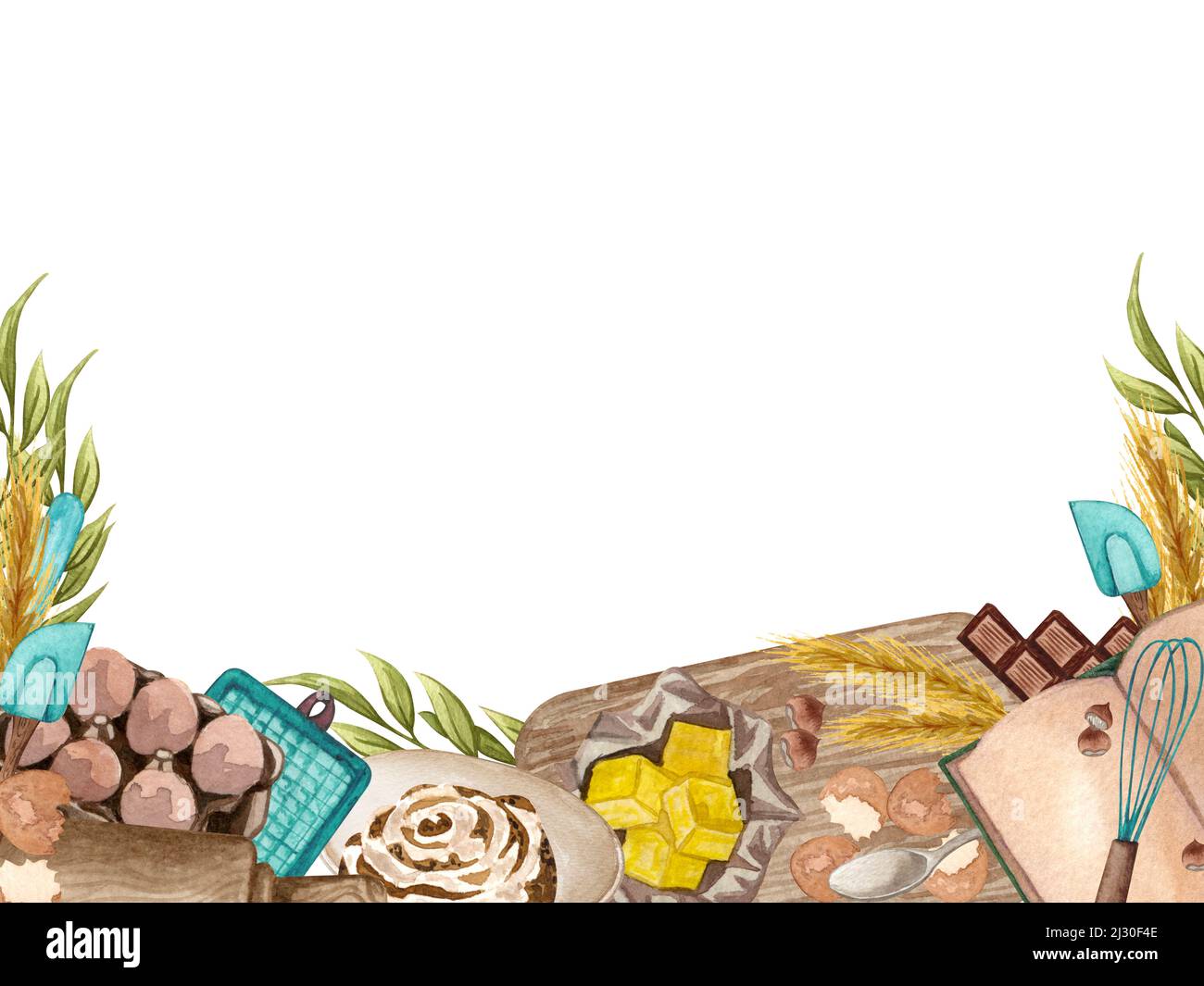 Baking square frame with kitchen utensils, jug, butter, whisk, mixer ...