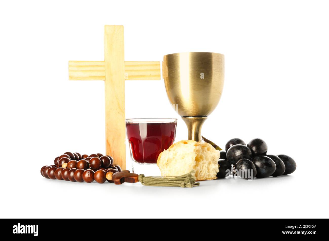 Wine with bread, rosary and cross on white background Stock Photo - Alamy
