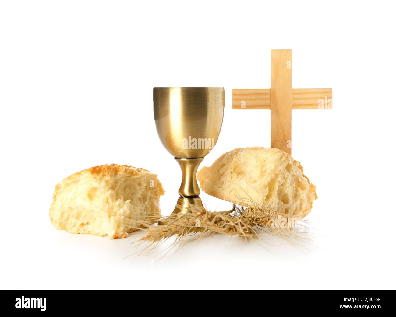 Cup of wine with bread and cross on white background Stock Photo - Alamy