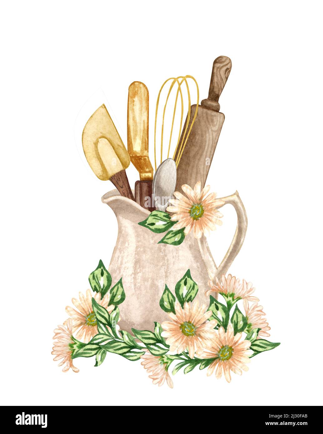Baking watercolor illustration with kitchen utensils in a clay jag with ...