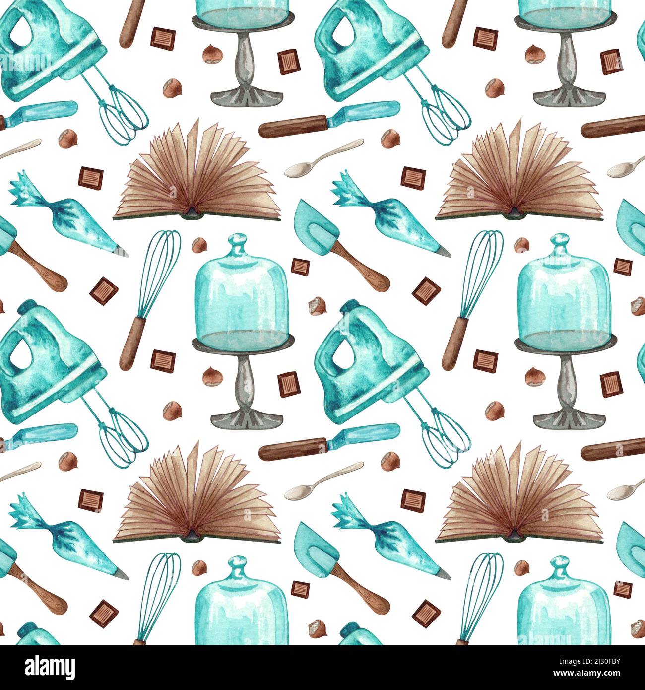 baking watercolor seamless pattern with kitchen utensils on white ...
