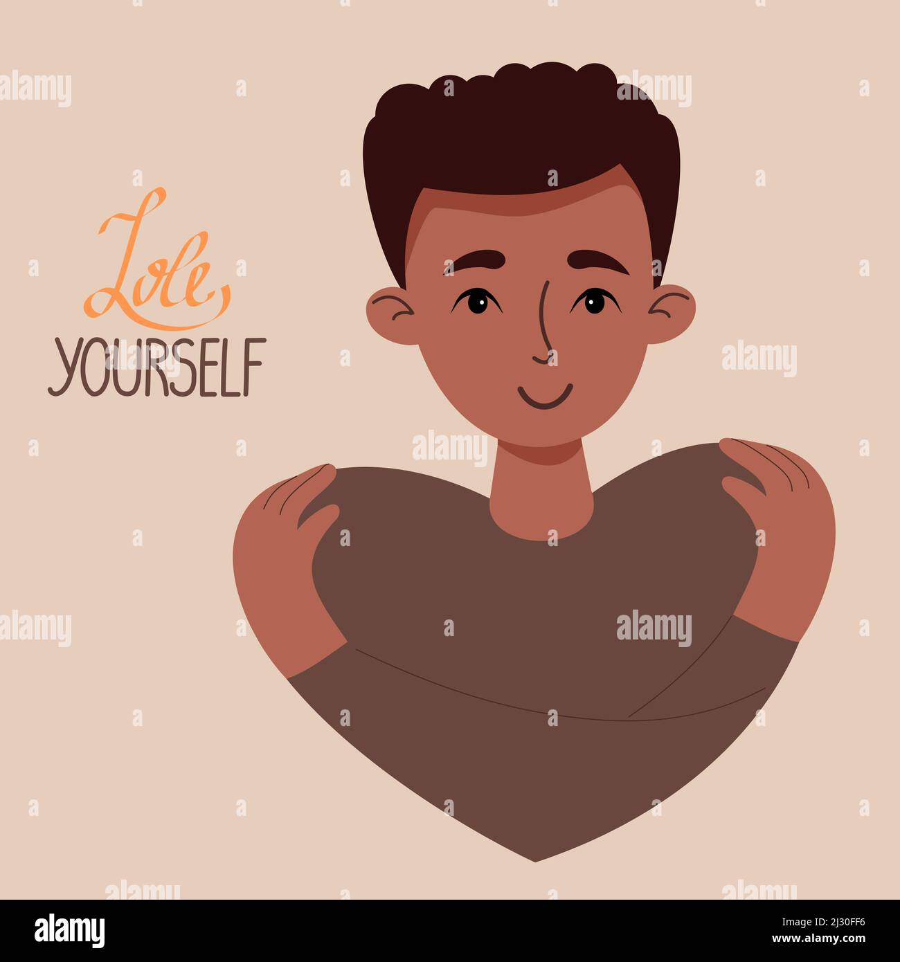 Poster Love yourself. dark-skinned young guy with haircut hugs himself ...