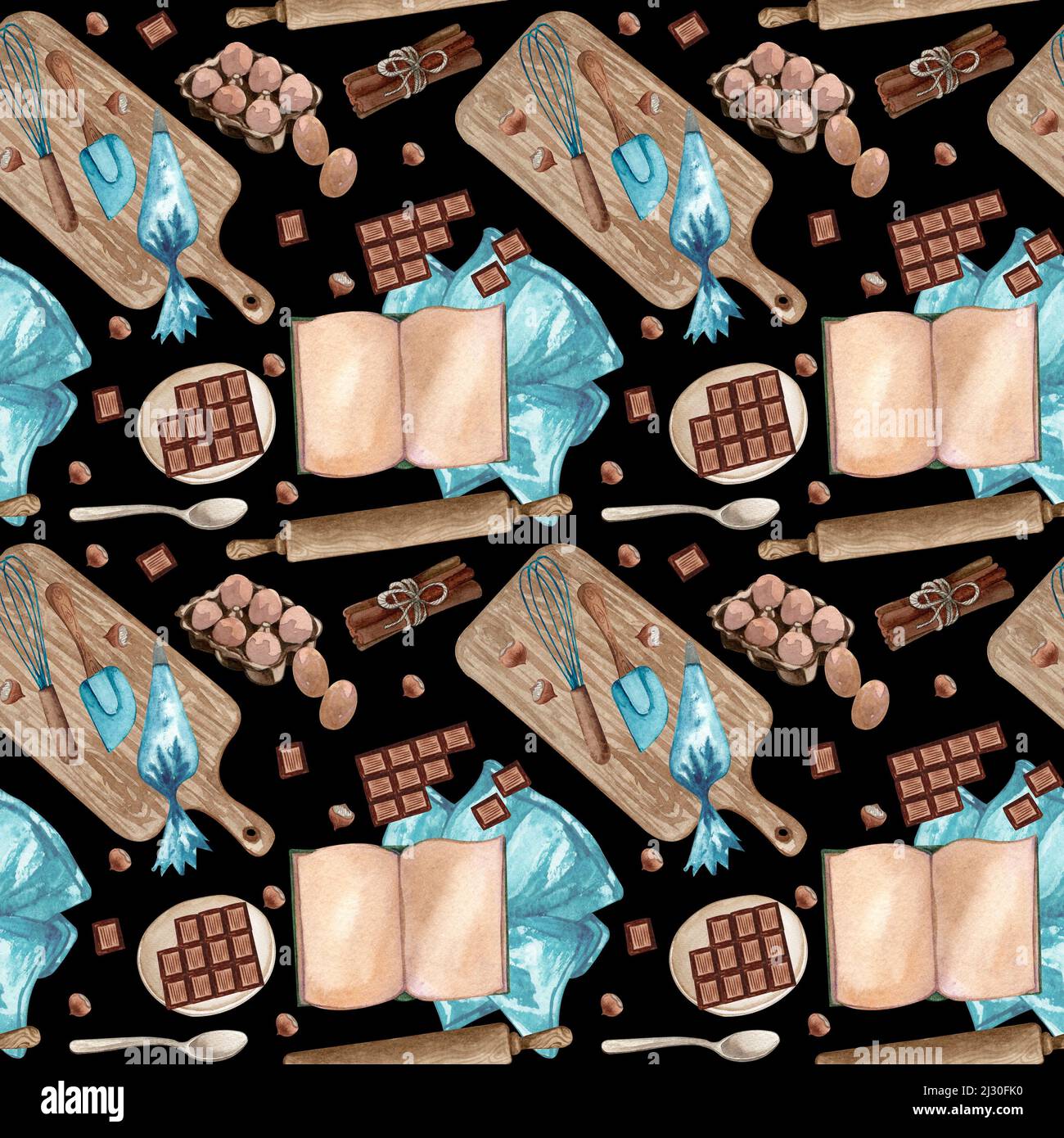 baking watercolor seamless pattern with kitchen utensils on white ...