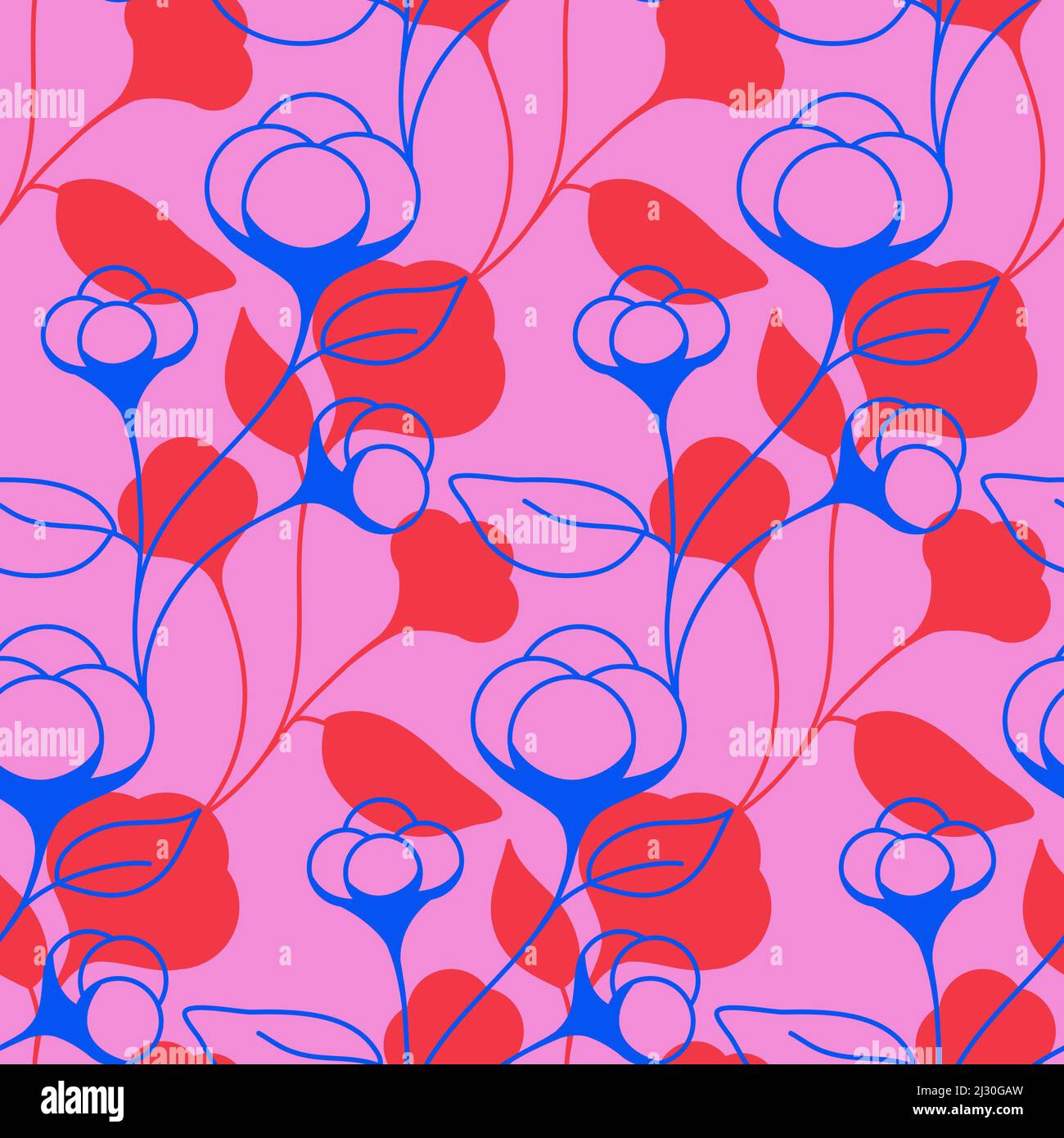 Seamless pattern cotton boll on a stalk pink blue red color. Floral ...
