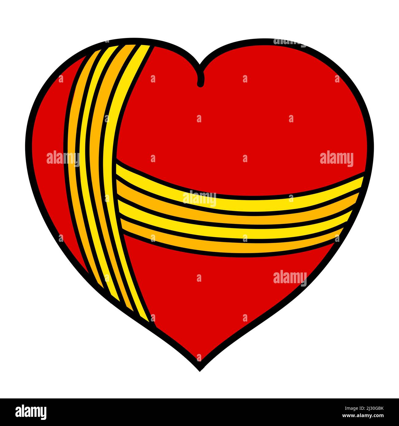 Red heart with yellow ribbons decoration, hand drawn flat illustration ...