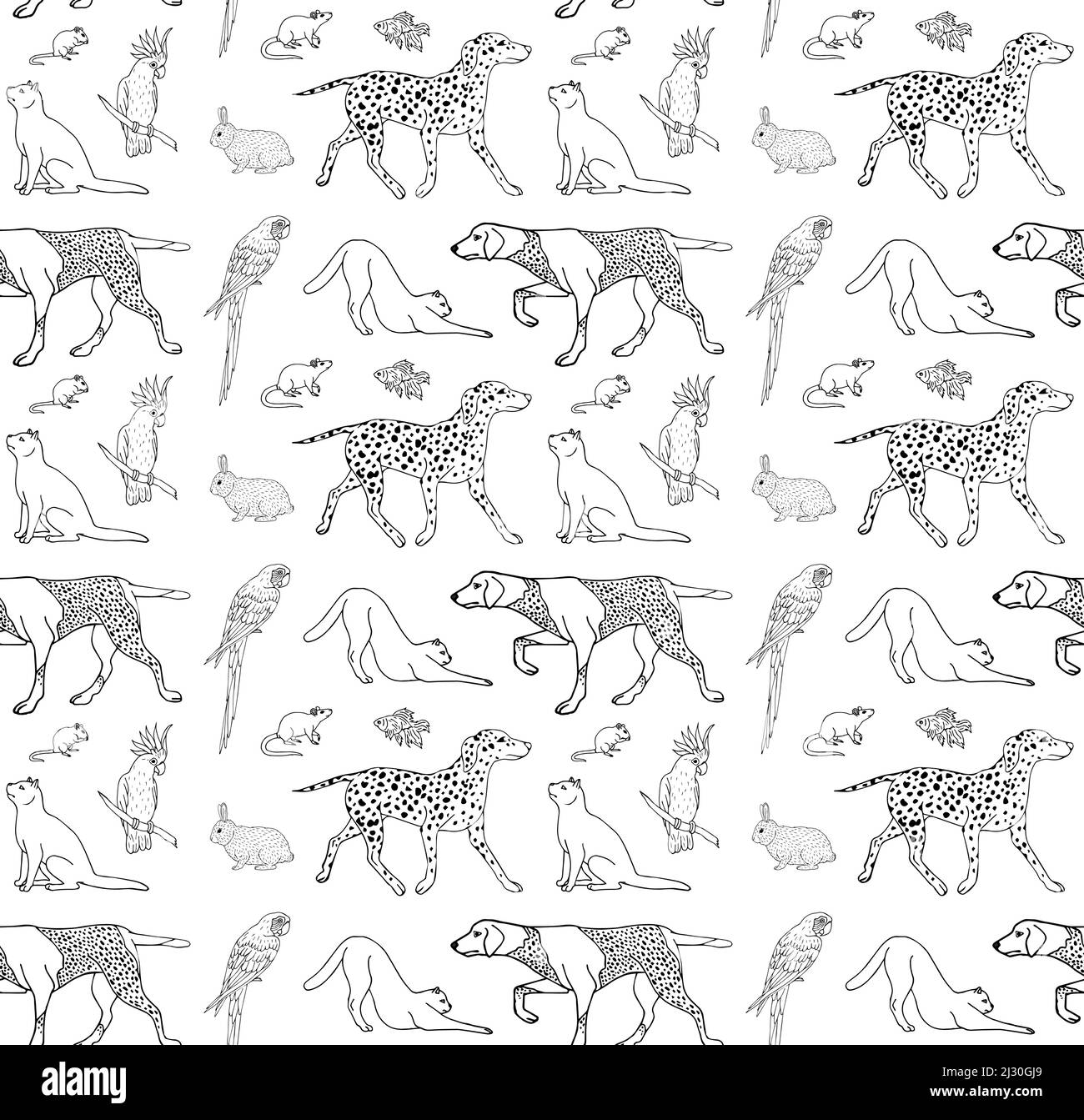 Vector seamless pattern of hand drawn outline sketch different pets ...