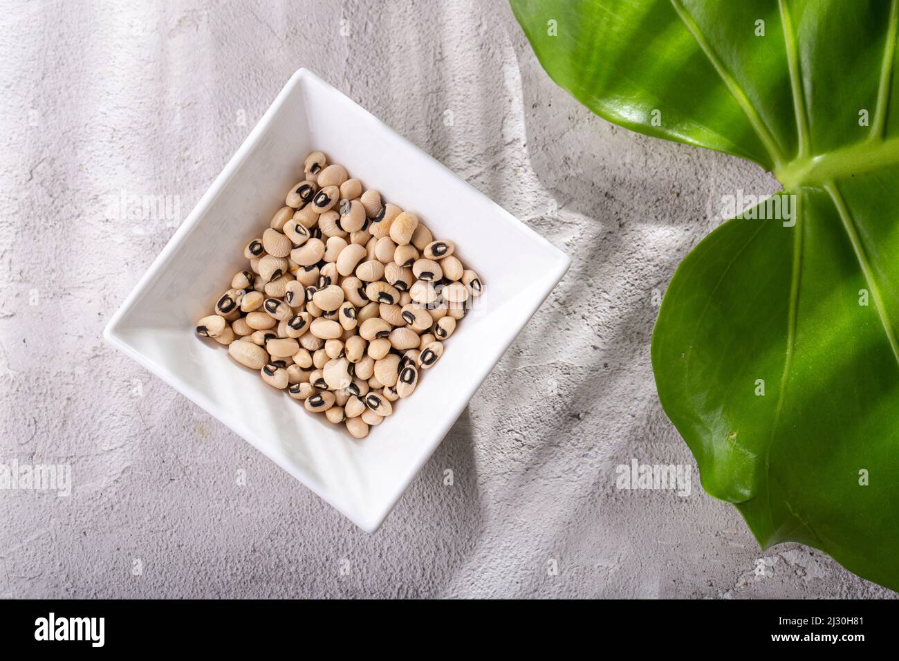 pile of black-eyed beans, in container on concrete surface- lubiya ...