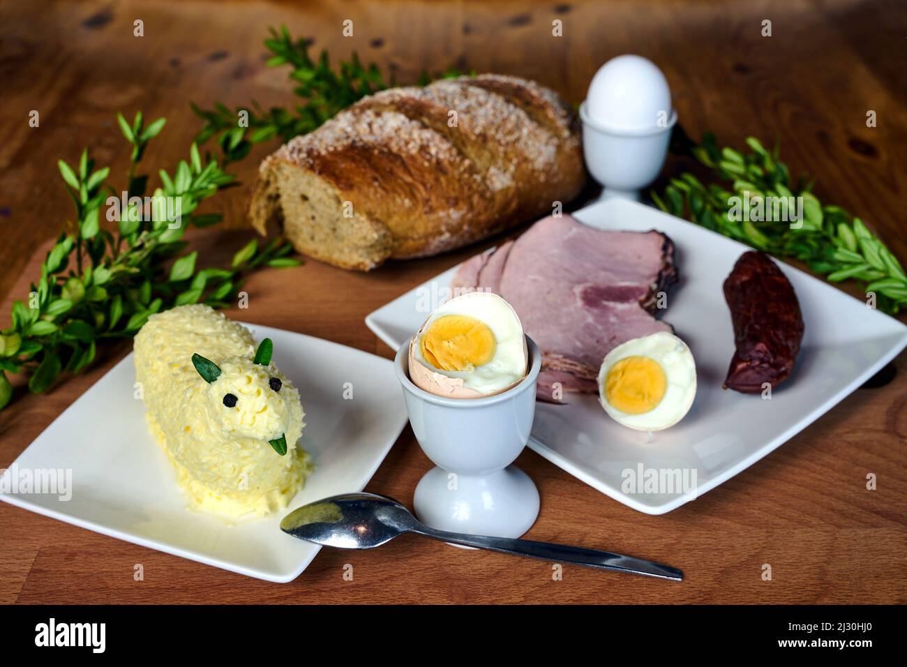 Traditional dishes for Easter breakfast and butter lamb in Poland Stock ...