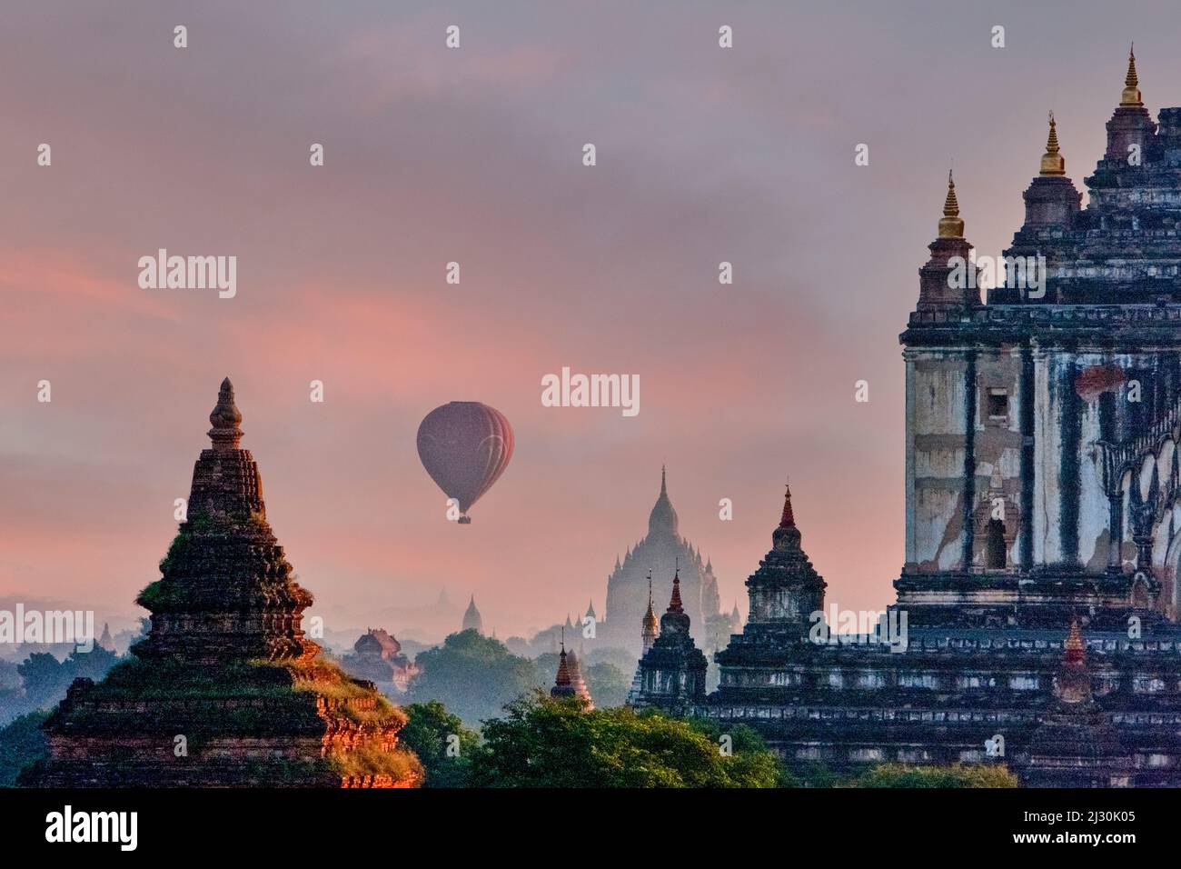 Myanmar, Burma, Bagan. Hot-air Balloons Begin to Rise over Bagan ...