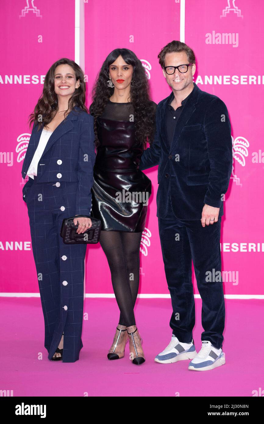 Lucie Lucas, Tamara Marthe (aka Shy'm) and Jamie Bamber attend the pink ...