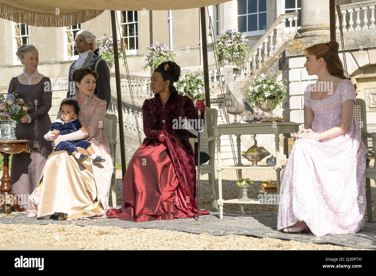 BRIDGERTON, sitting from left: Arabella/Amoura Simpson, Ruth Gemmell ...