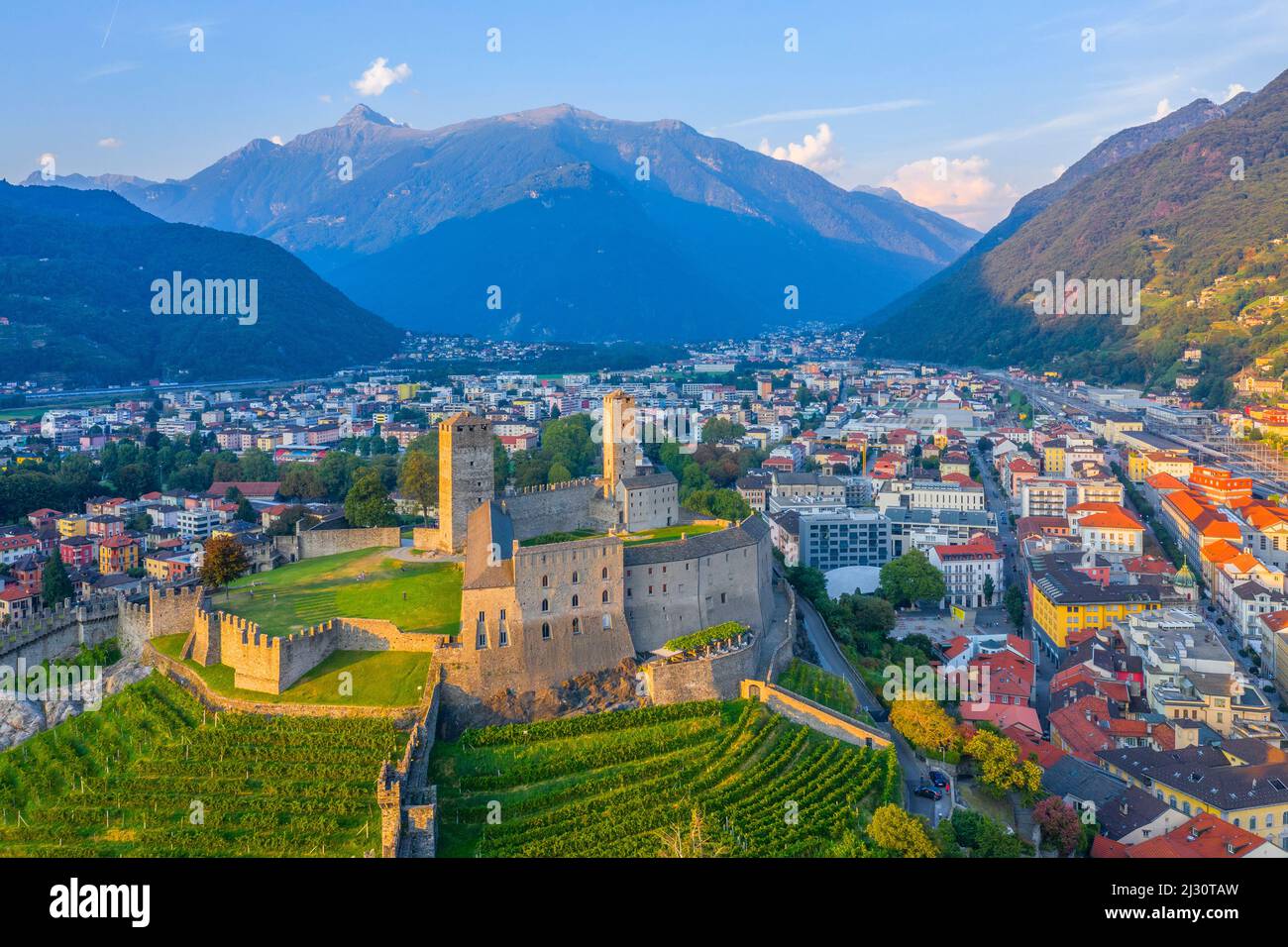 Aerial view of Castelgrande Castle in Bellinzona, Canton Ticino ...