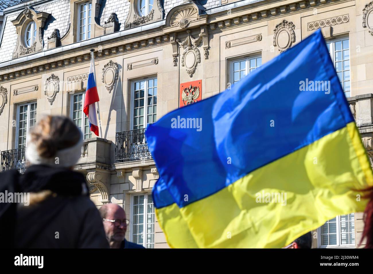 Strasbourg, France - Mar 6, 2022: Ukrainian flag waving in front of ...