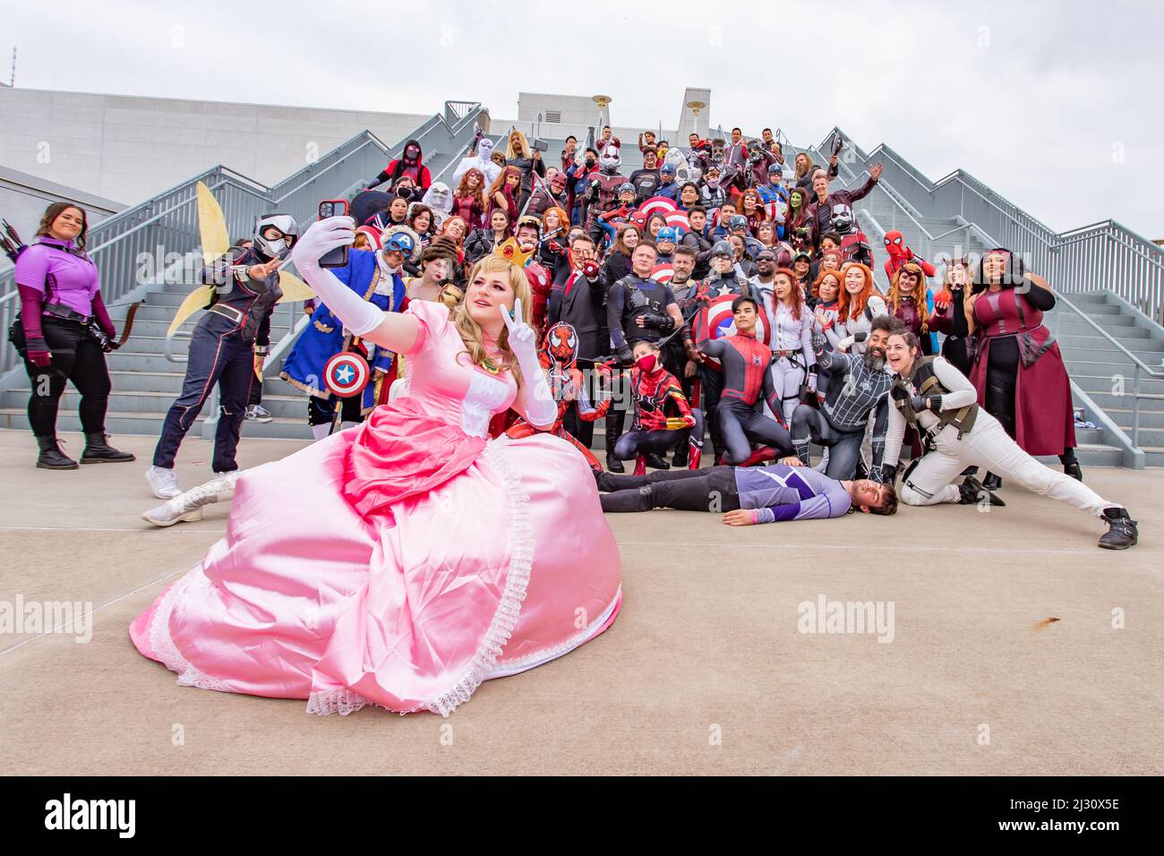 April 2, 2022: Princess Peach takes a selfie during Avengers Initiative ...