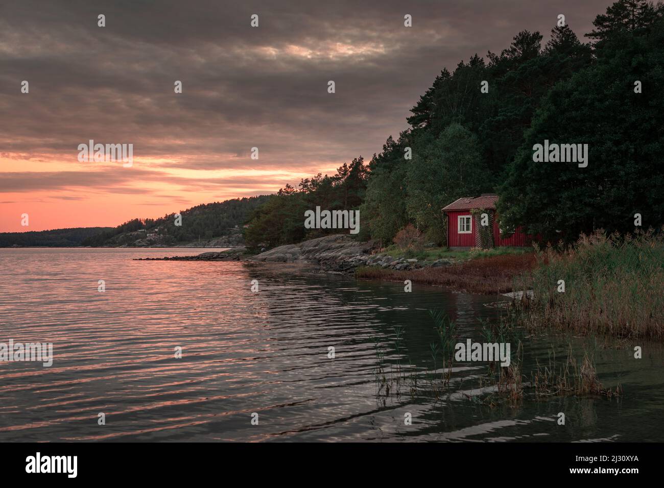 Red hut by the lake with reeds on Orust archipelago island on the west ...