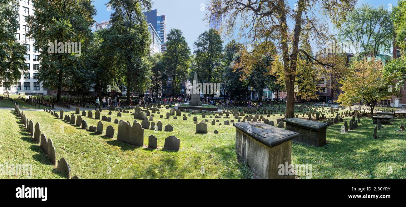 BOSTON, USA - SEP 12, 2017: Rows of headstones under a tree at Granary ...