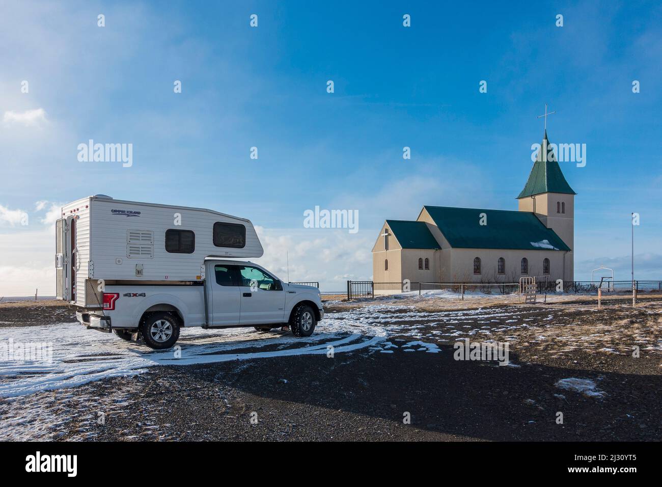 Campers in front of the church, Snaeffelsness Peninsula, Iceland Stock ...