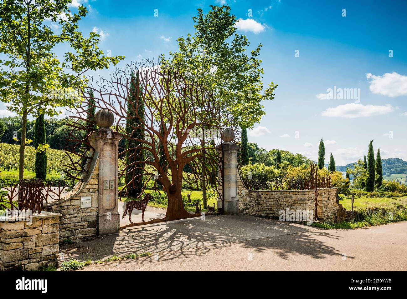 Entrance gate, Château des Tourillons, Arbois, Jura department ...