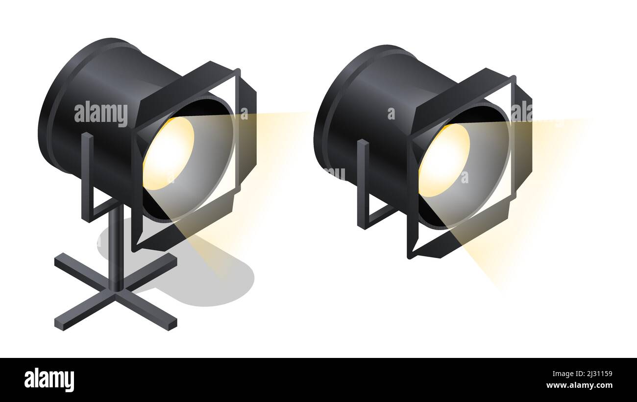 Stage spotlights isometric icons, cartoon vector illustration isolated ...